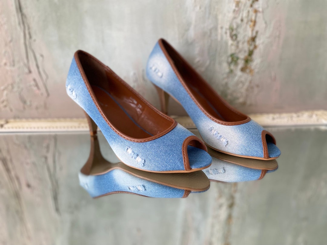 Vintage Denim Peep Toe Heels Denim Shoe Peep Toe Heeled Pumps Denim ...