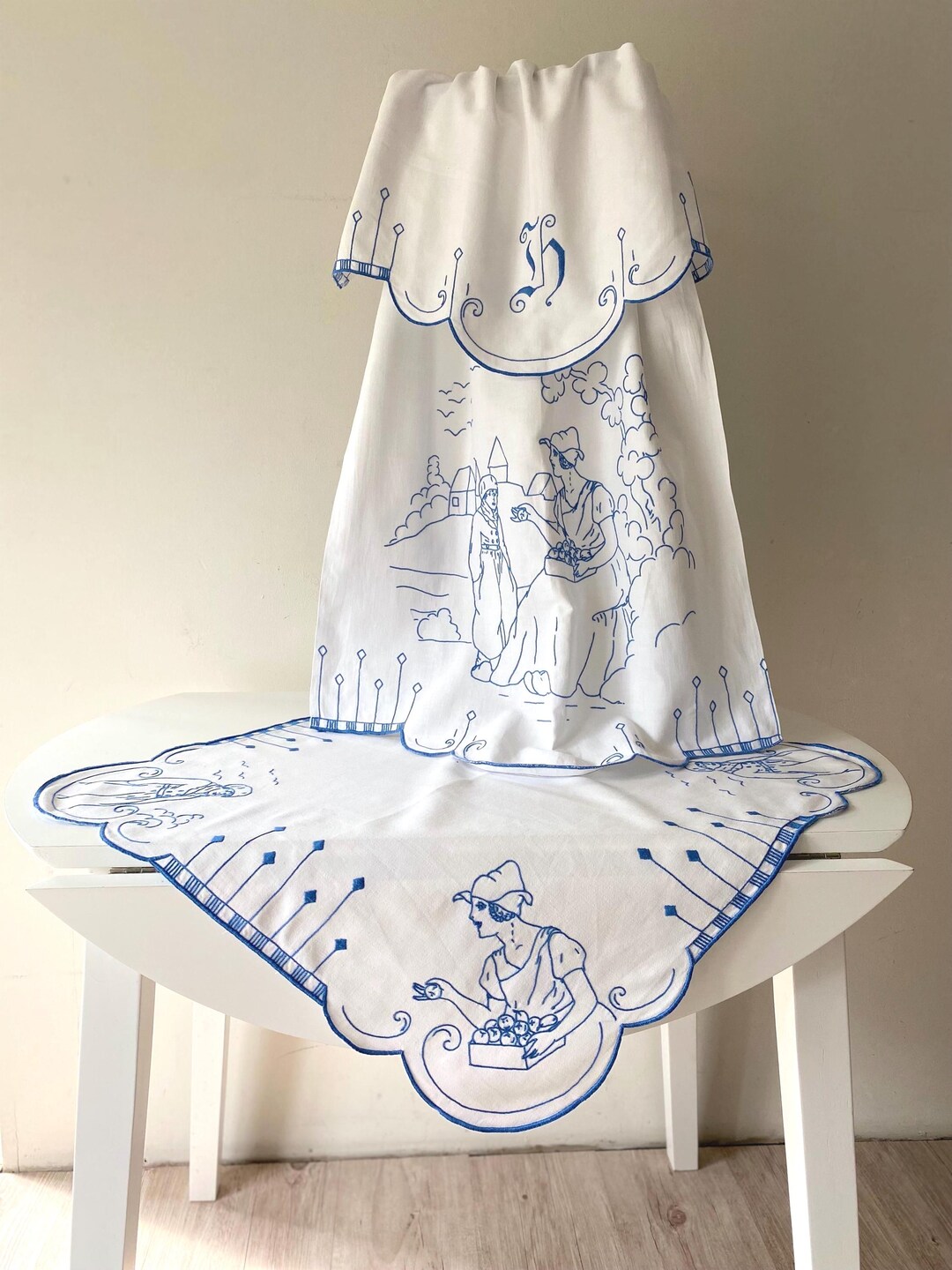Antique Embroidered White Blue Cotto Linnen Tablecloth & Tea Towel Set ...