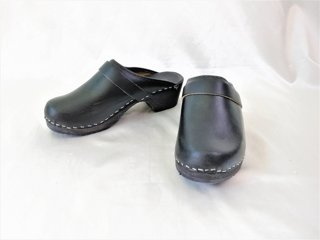 Vintage Genuine Leather Clogs Black Leather Clogs Heeled Wood Platform ...