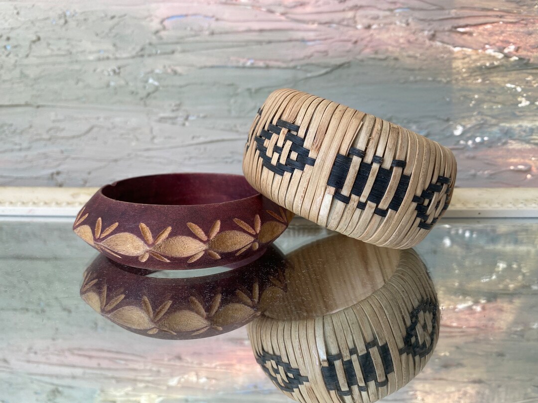 Vintage Straw Braided Bracelets Set Straw Woven and Wood Carved ...