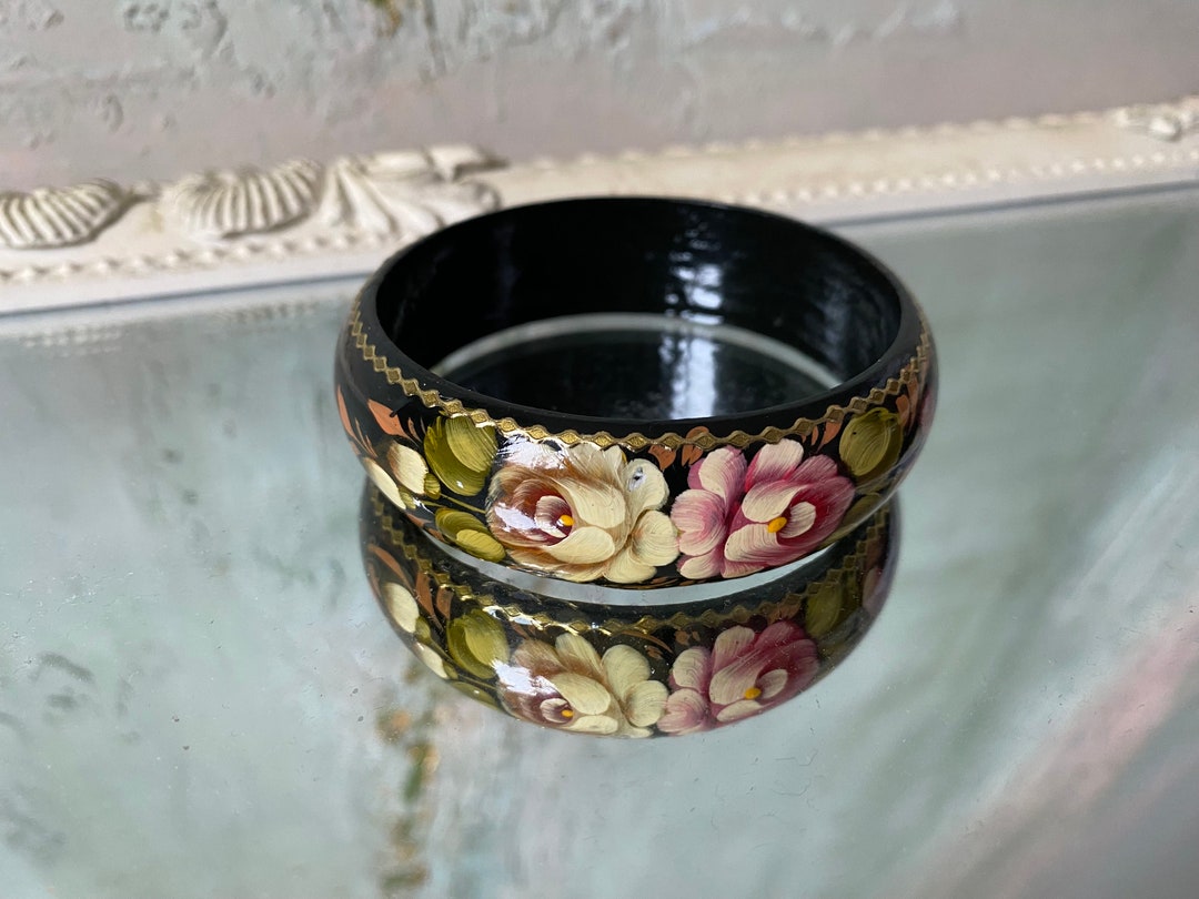 Vintage Floral Wooden Bangle Lacquered Black Rose Bangle Folk Bracelet ...