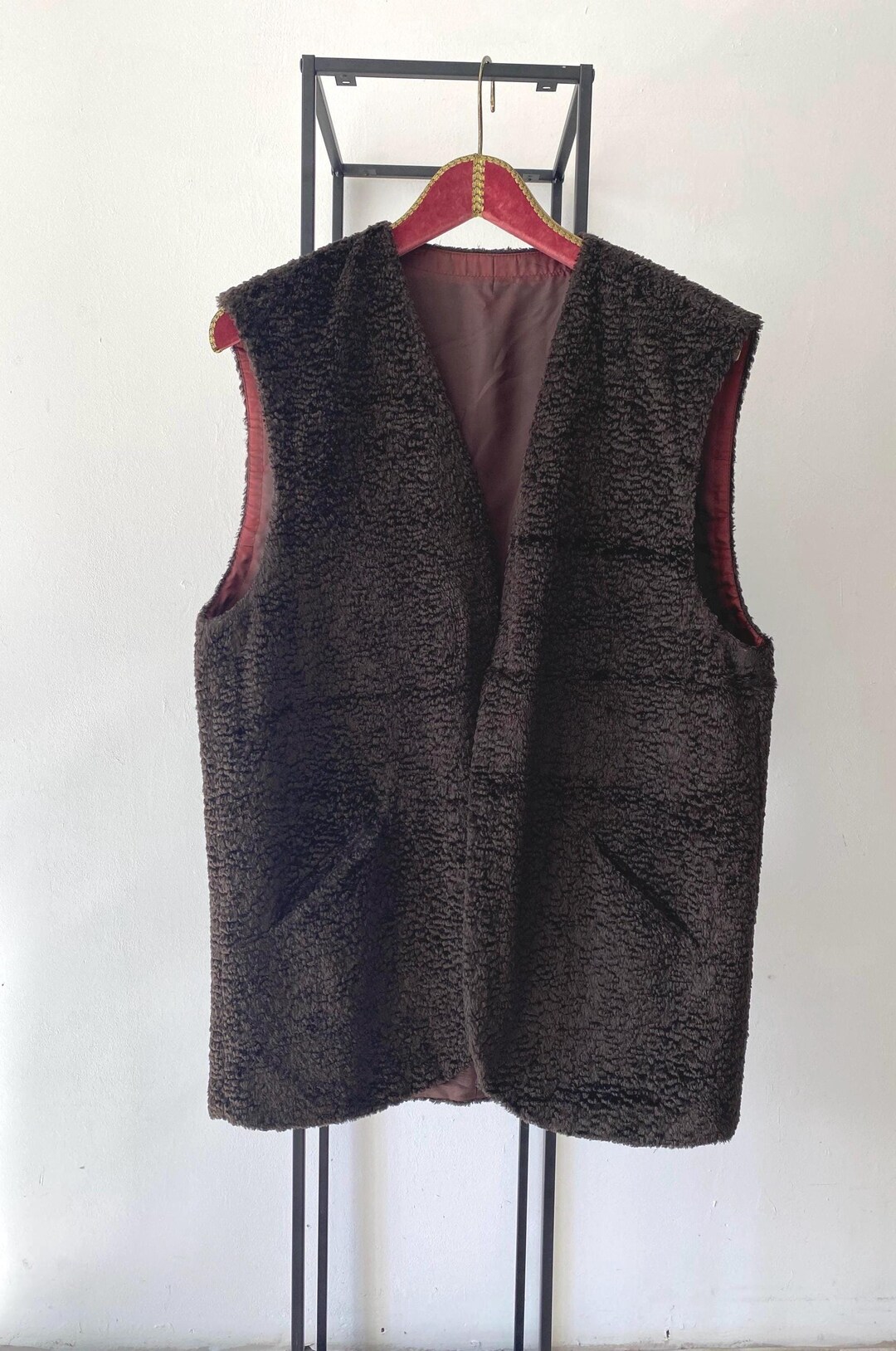 Vintage Fur Vest Brown Faux Persian Lamb Fur Sleeveless Waistcoat Vest ...