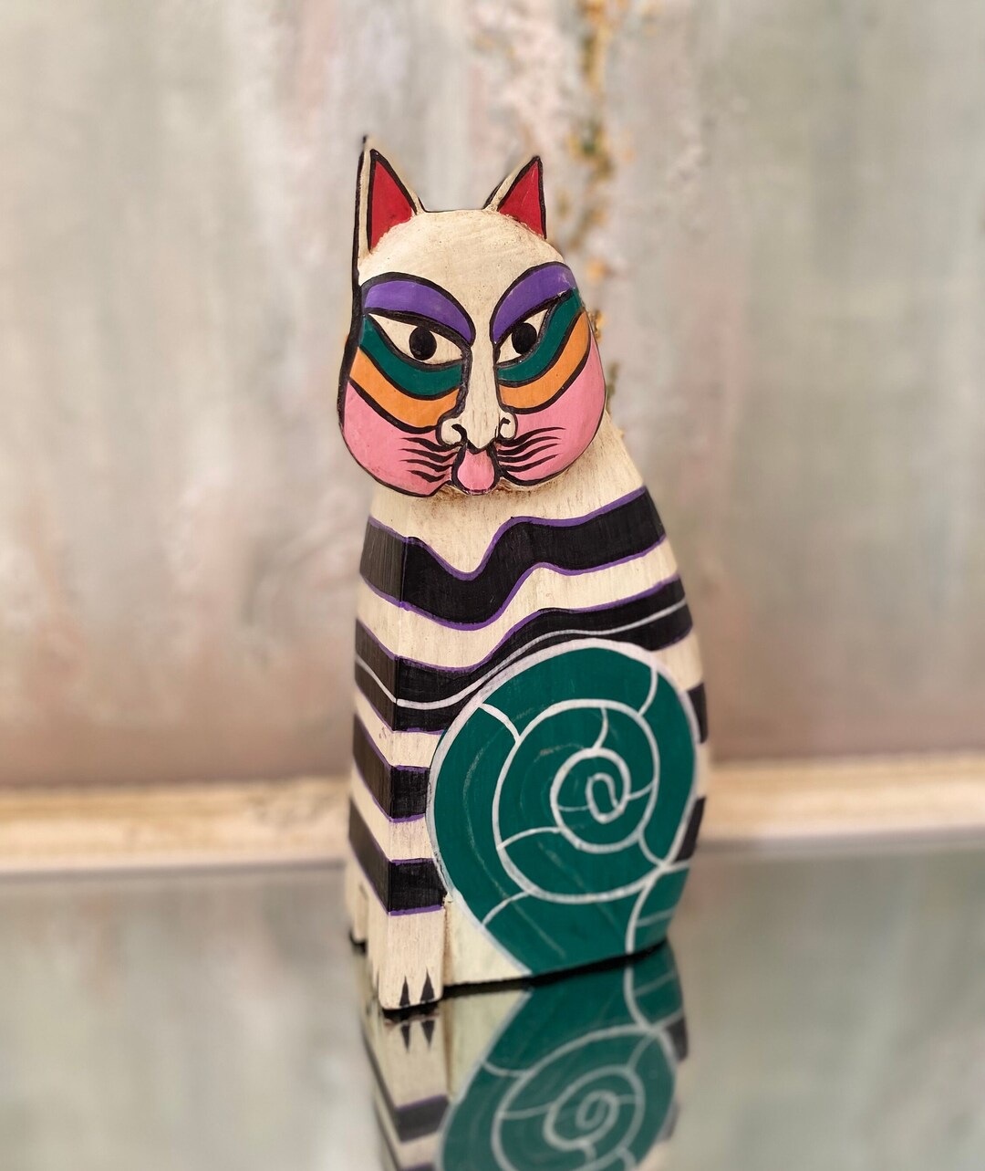 Vintage Laurel Burch Cat Figurine Collectible Rainbow Wooden Cat Wooden ...