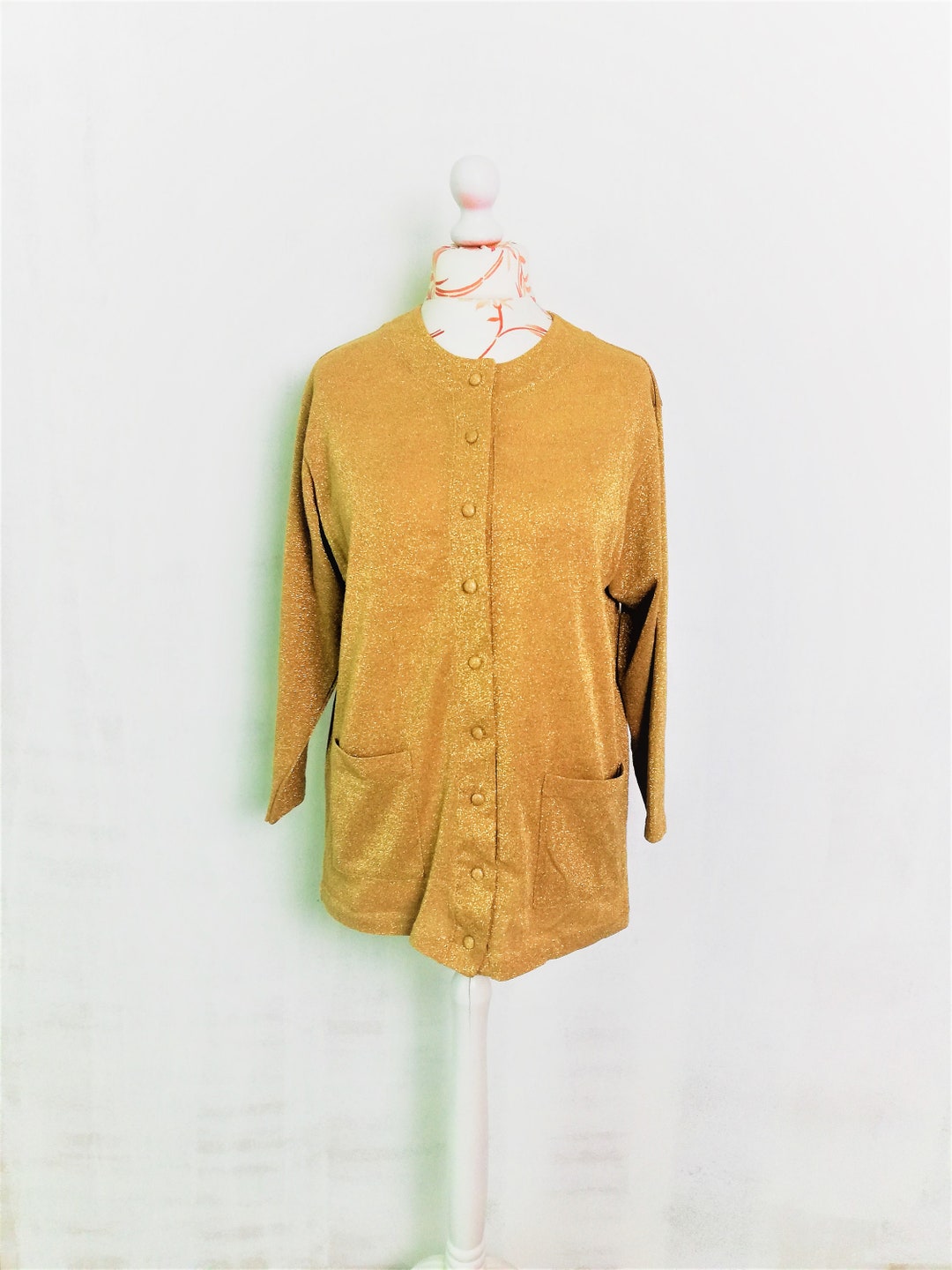 Vintage Gold Cardigan Gold Metallic Cardiagan Jacket Gold Long Sleeve ...