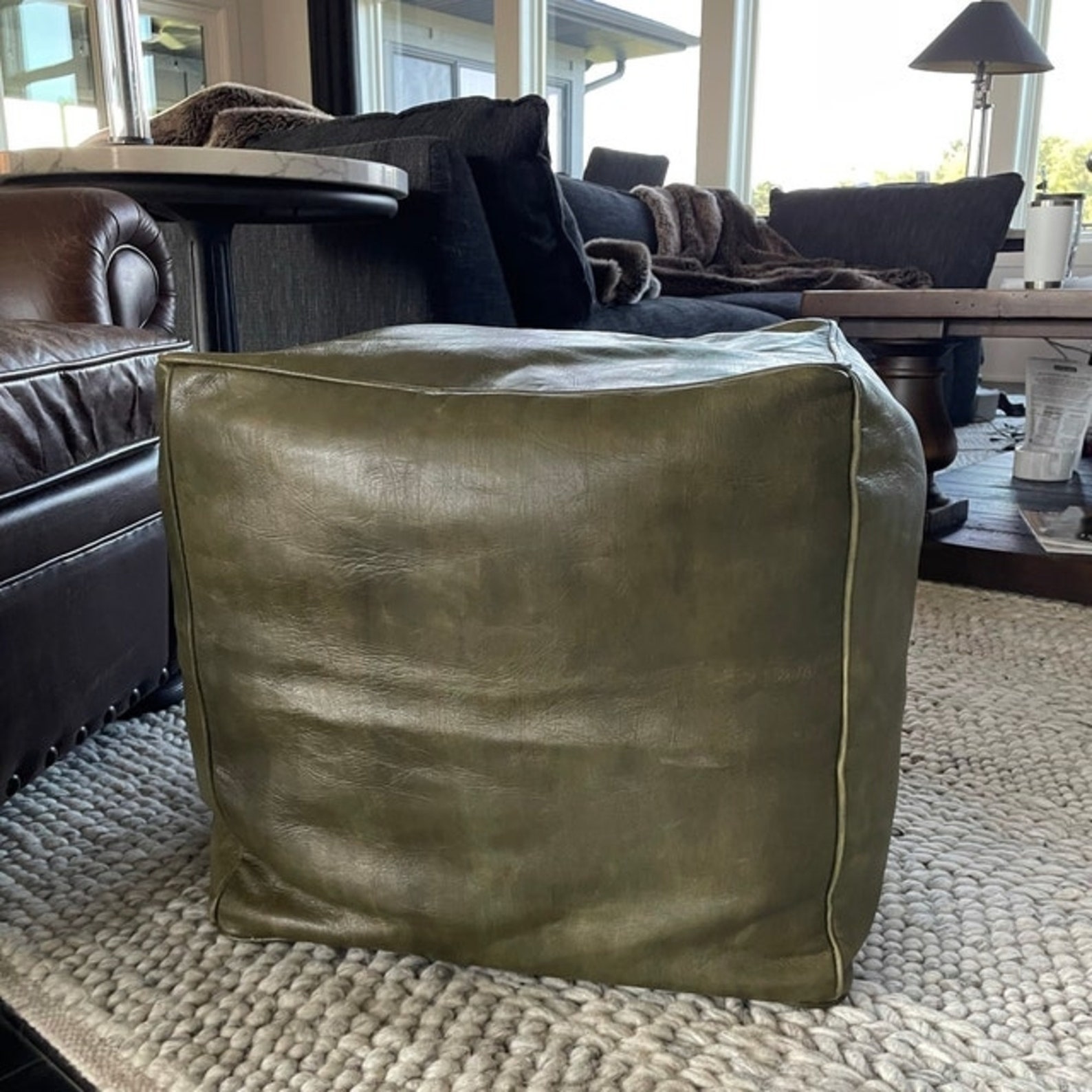 Olive Green Leather Pouf Leather Footstool Ottoman Pouf - Etsy