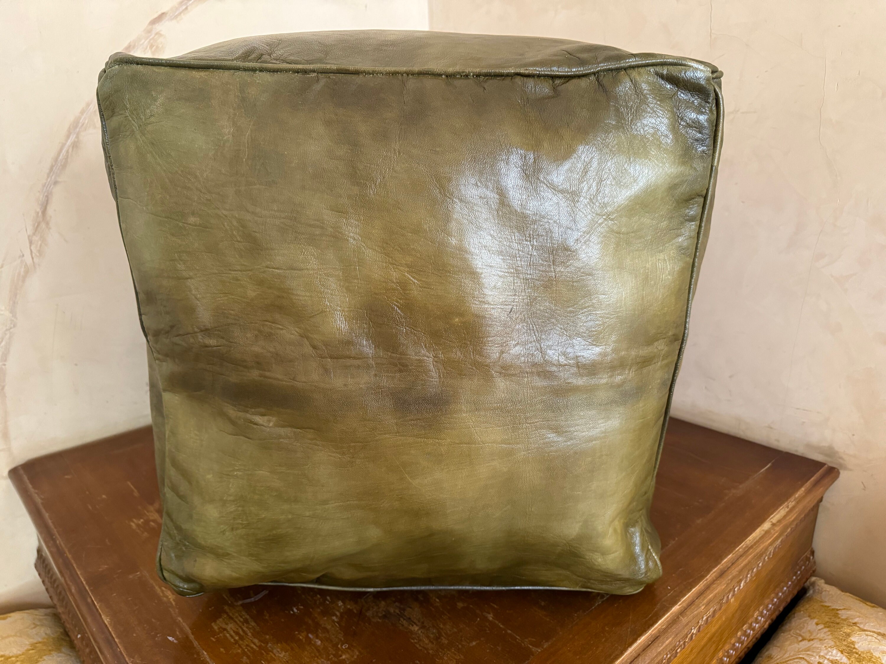 Olive Green Leather Pouf Leather Footstool Ottoman Pouf unstuffed Pouf ...