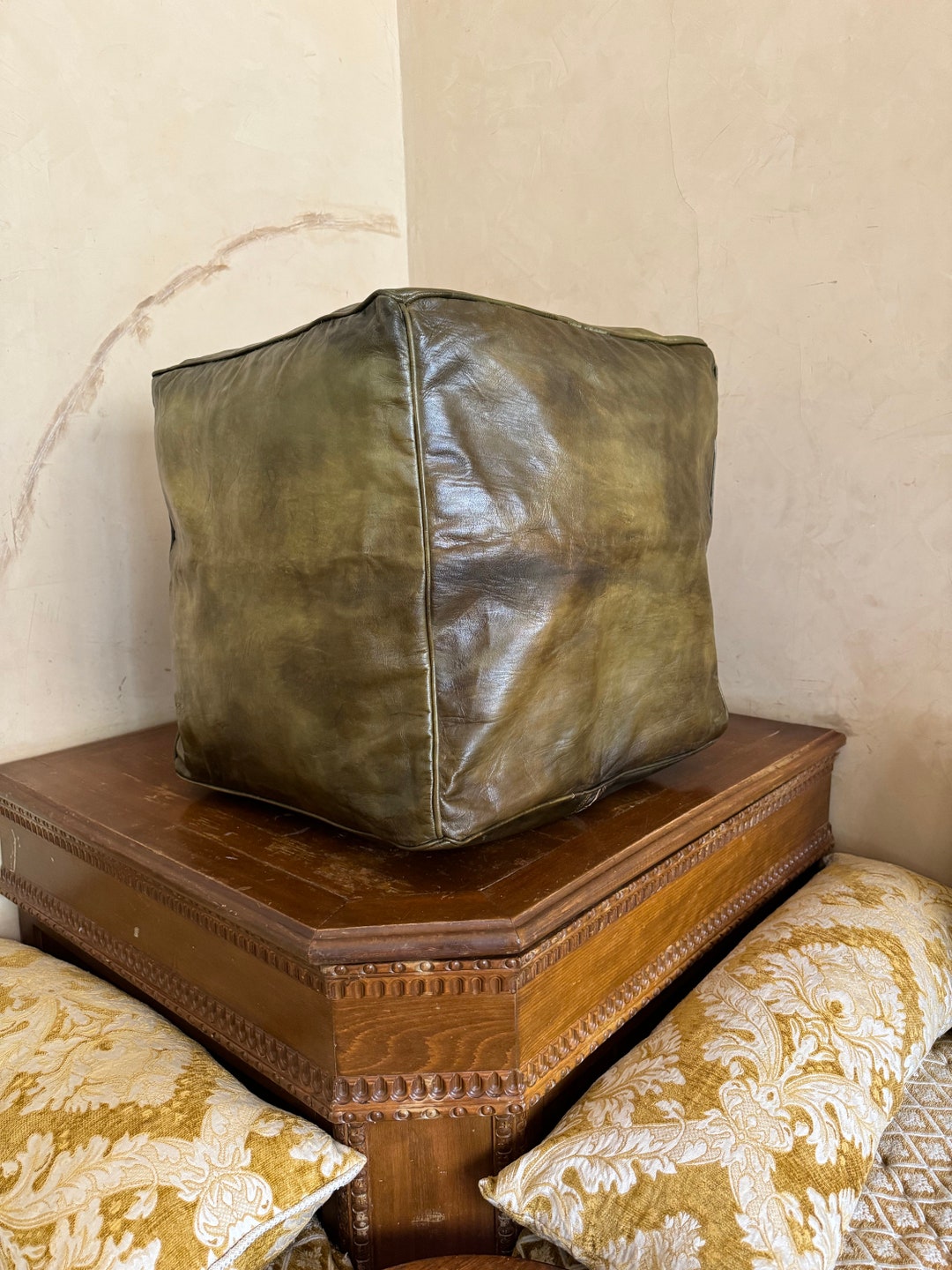 Olive Green Leather Pouf- Leather Footstool- Ottoman Pouf -unstuffed ...