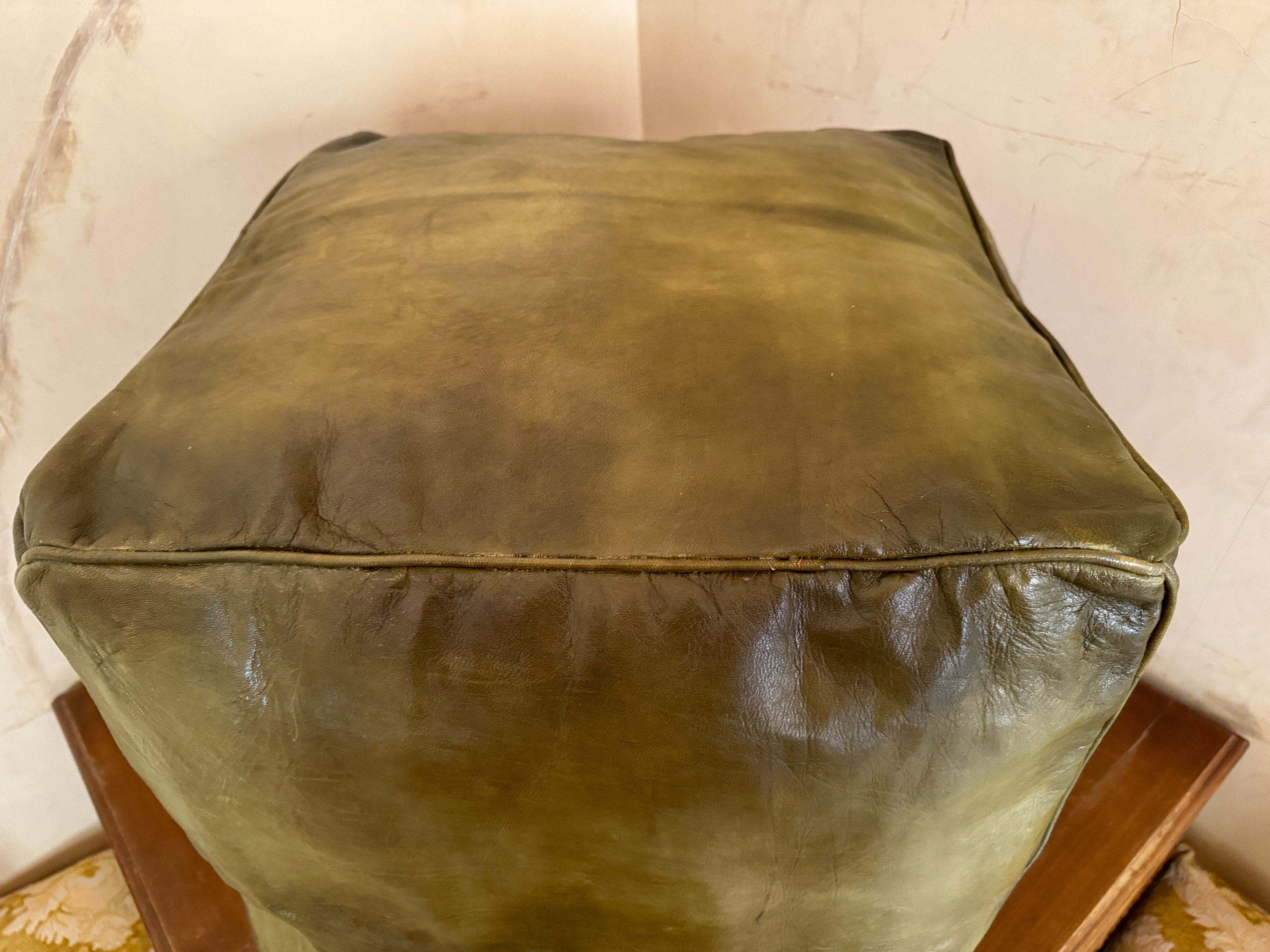 Olive Green Leather Pouf Leather Footstool Ottoman Pouf unstuffed Pouf ...