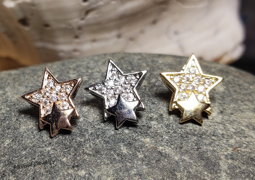 Cubic Zirconia Double Star Dermal Anchor Top - 14 Gauge - Etsy