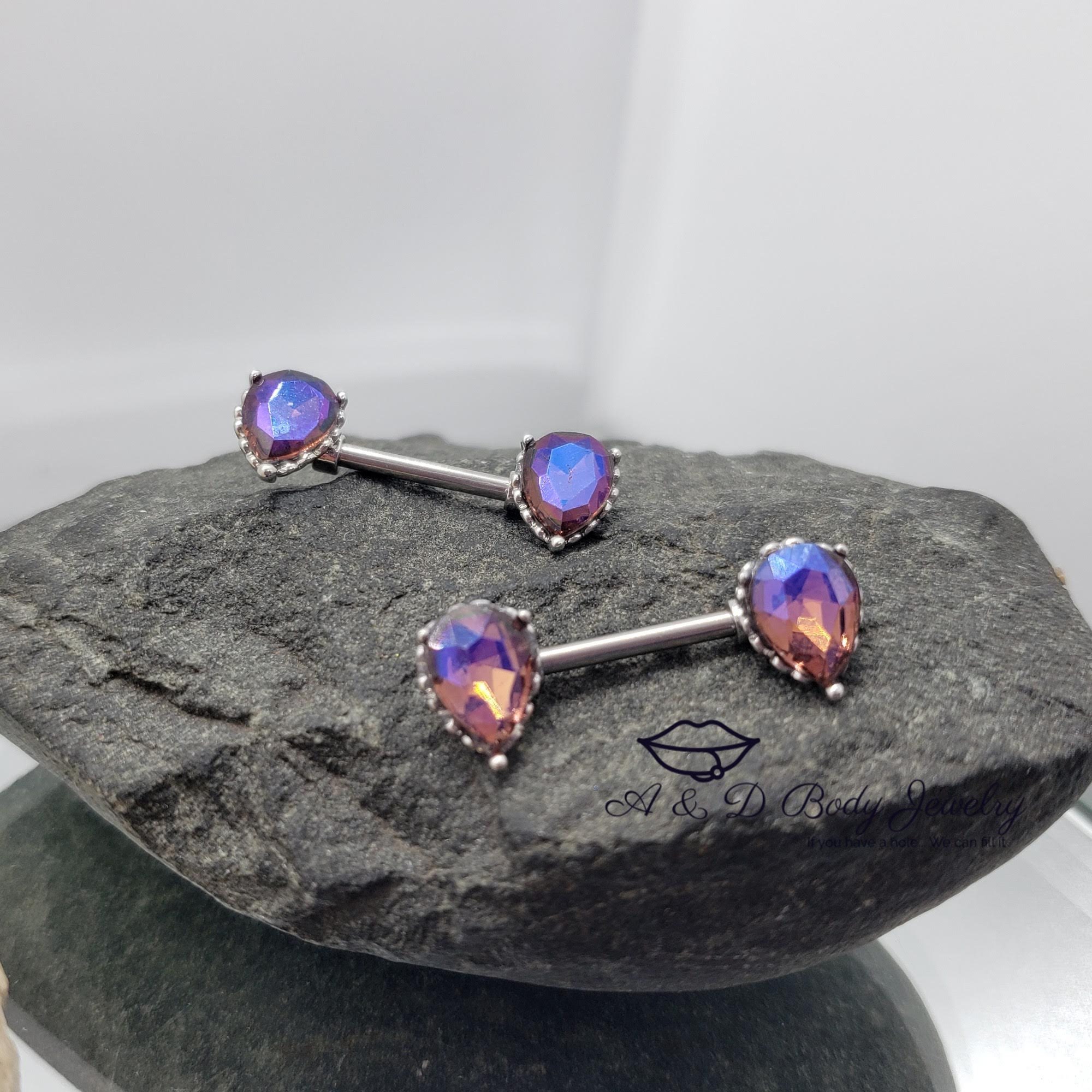 Purple Heart Filigree Encased Aurora Borealis Crystal Nipple Barbell ...
