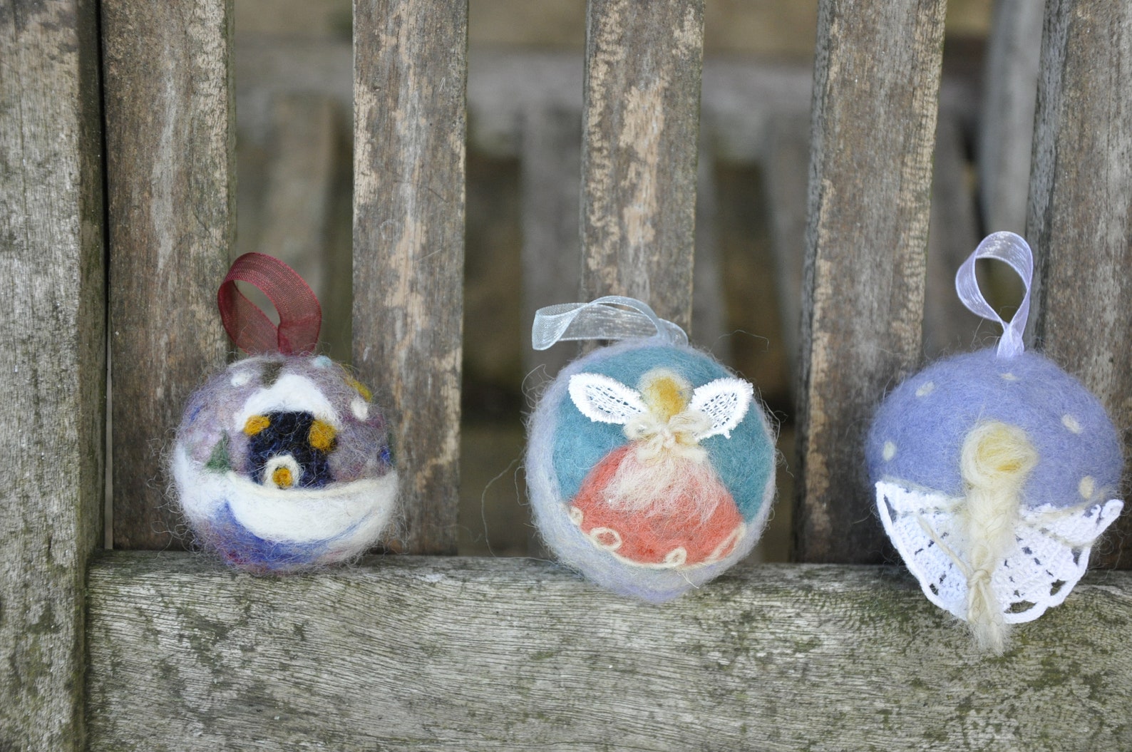 Needle-felted Christmas Balls Set of 3, Fairy Christmas Baubles ...