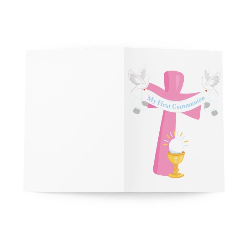 First Holy Communion Card Pink Cross Chalice Doves 1st Communion Card ...