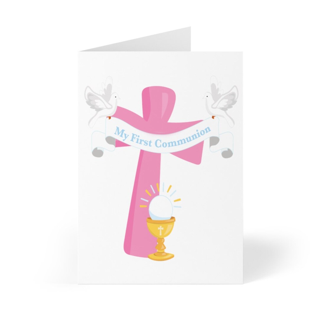 First Holy Communion Card Pink Cross Chalice Doves 1st Communion Card ...