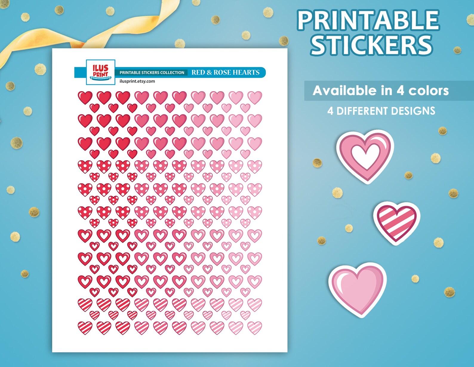 RED & ROSE HEARTS Printable Stickers Heart Planner Stickers Tiny Heart ...