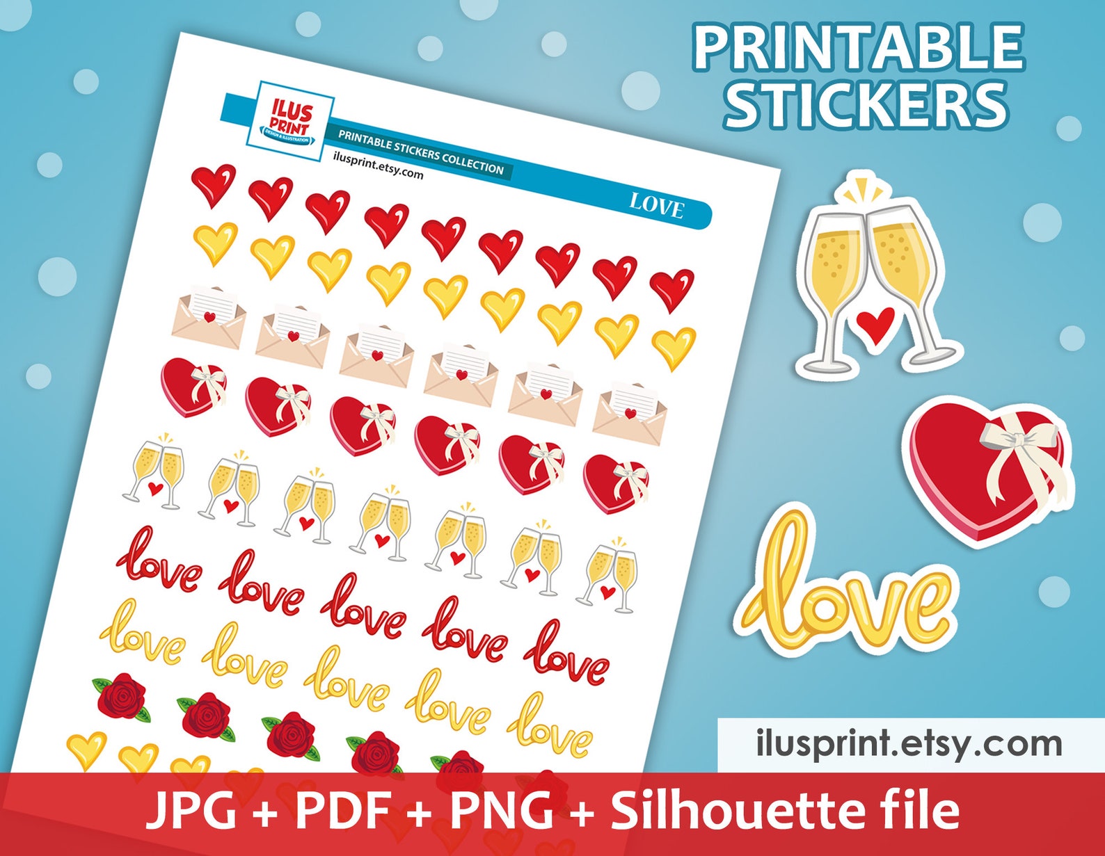 LOVE Printable Stickers Heart Printable Stickers Love Foil | Etsy