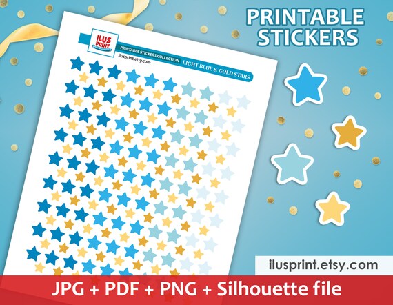 LIGHT BLUE & GOLD Stars Printable Stickers Stars Planner - Etsy