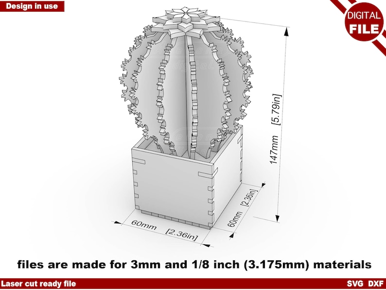 3D Cactus Favor Box Laser Cut File, Wooden Cactus Plant Gift Box SVG ...
