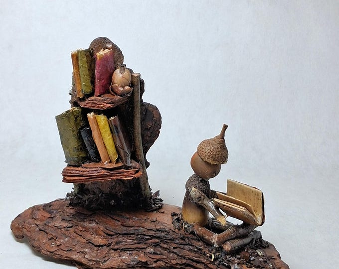 Reader With Bookcase Acorn People Forest Folk Fairy Elf Gnome Stick ...