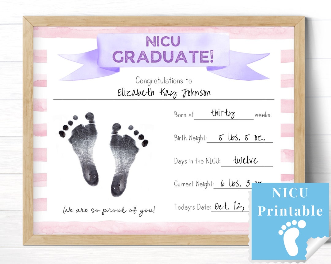 Baby Girl NICU Graduate Certificate for Mom and Dad, Preemie Footprint ...