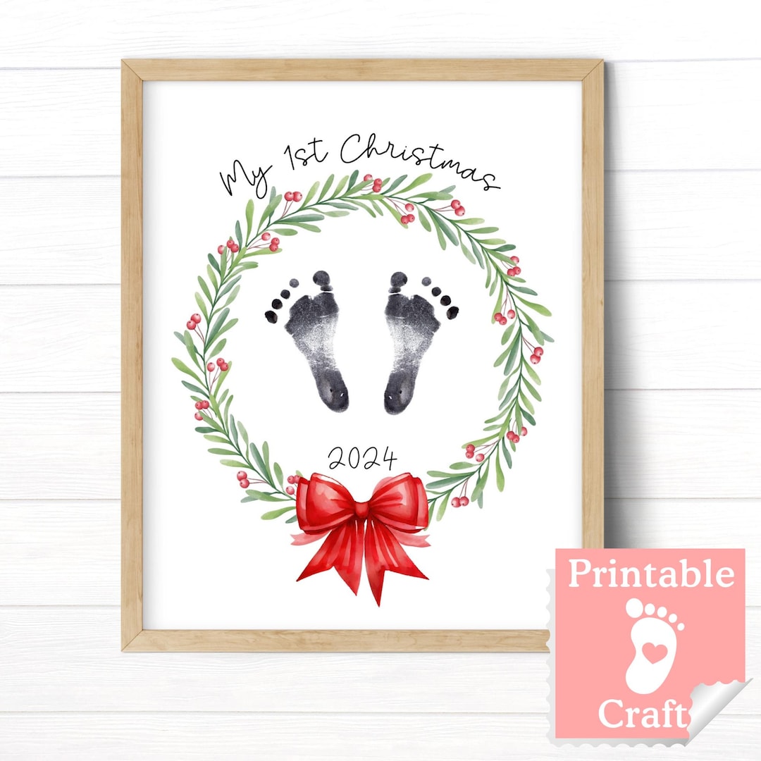 Baby's 1st Christmas 2024, Footprint Art Printable for Newborn Boy or ...