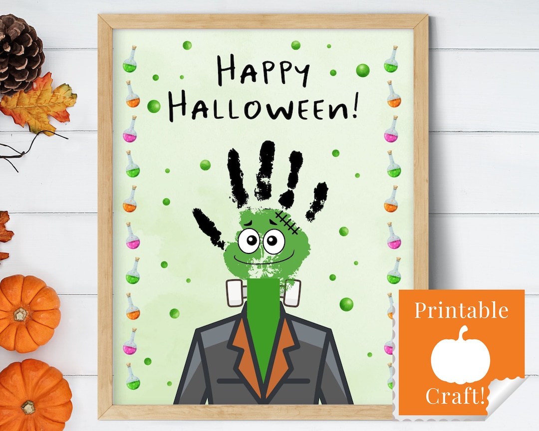 Halloween Printable Cards for Kids, Frankenstein Monster Handprint Art ...