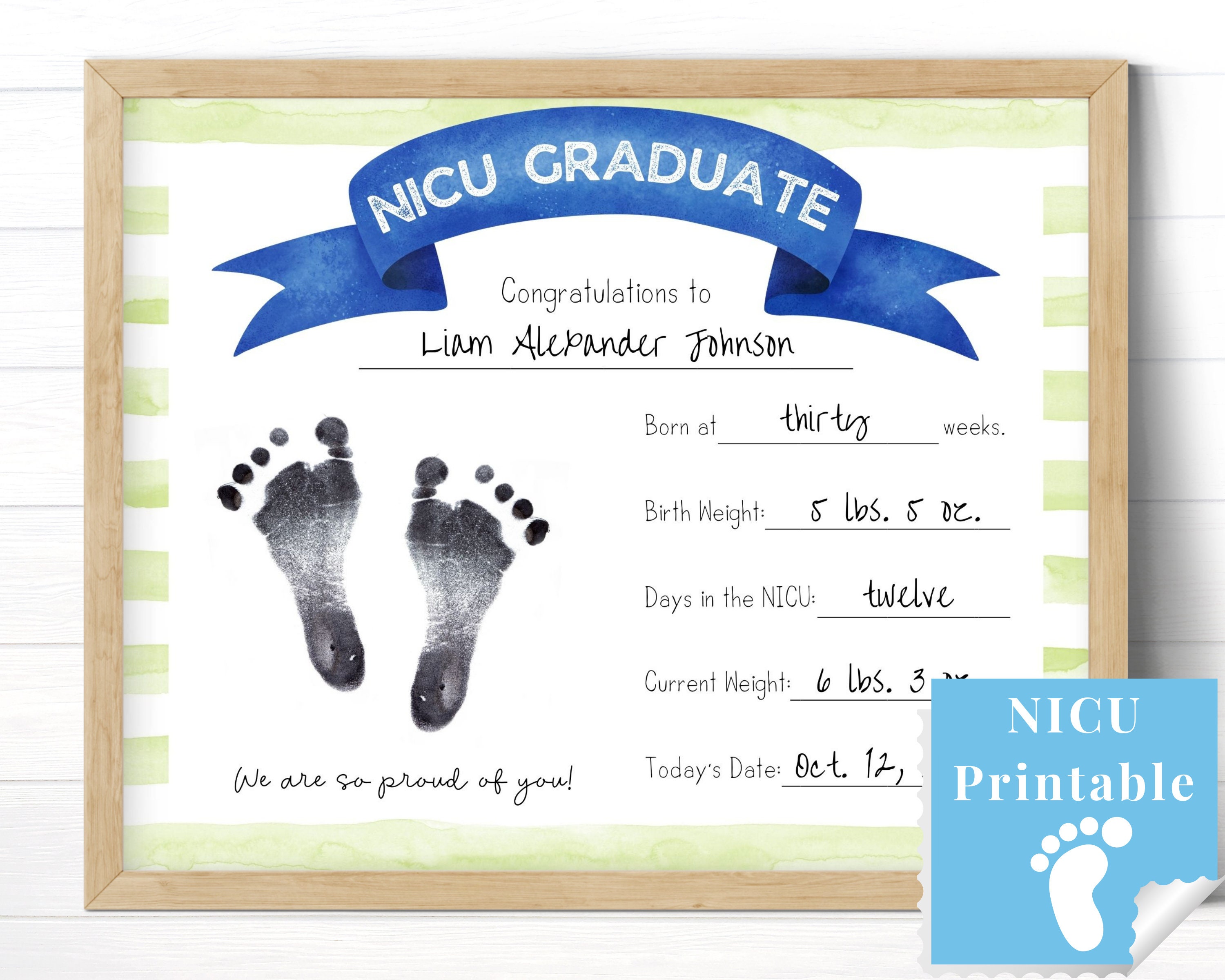 Preemie Boy NICU Graduation Printable Certificate Footprints - Etsy