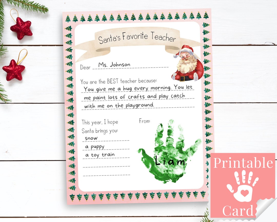 Santa's Favorite Teacher Christmas Handprint Card From Student ...