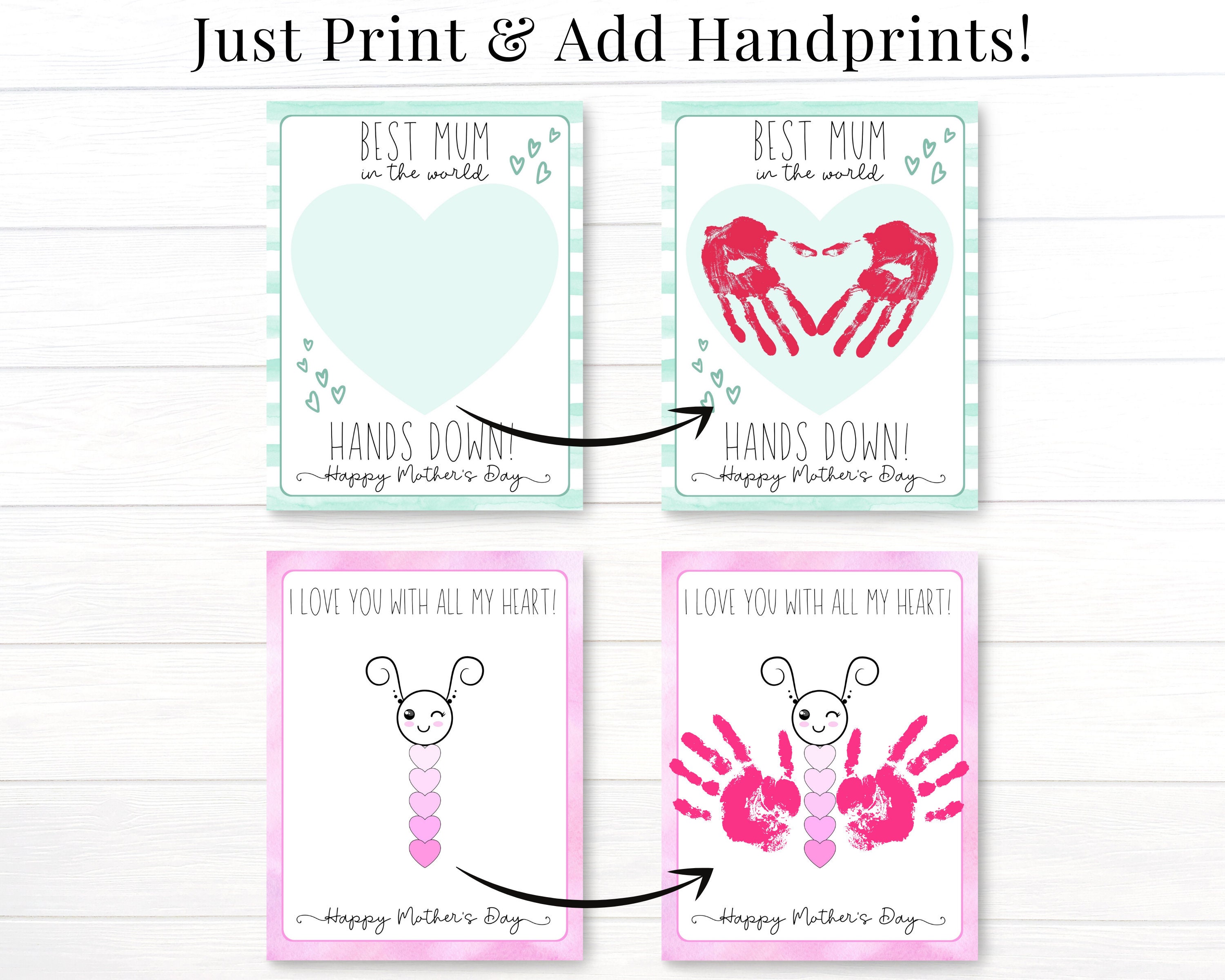 Gifts for Mum, Mother's Day Handprint Cards From Kids, Set of 5, A4 ...