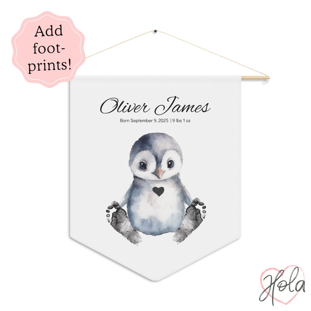 Penguin Baby Footprint Art Pennant for Nursery, Custom Name Hanging ...