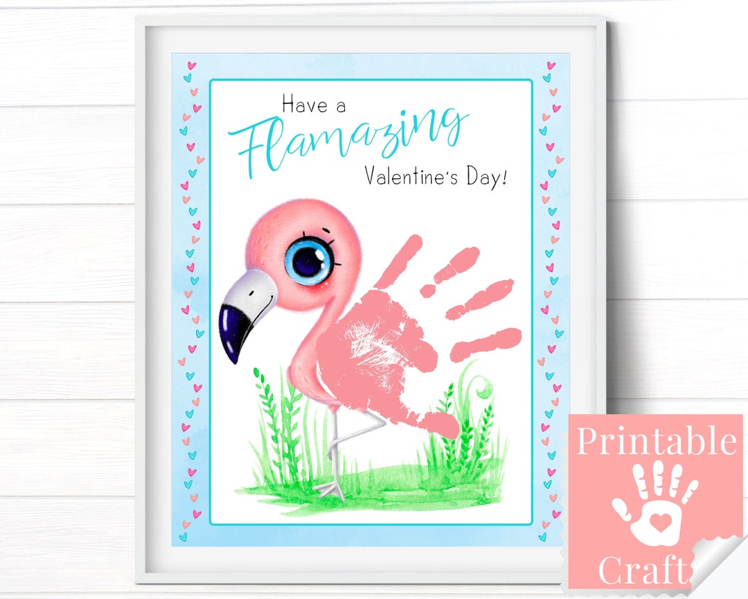 Flamingo Valentine Card, Handprint Art Craft Printable for Toddler ...