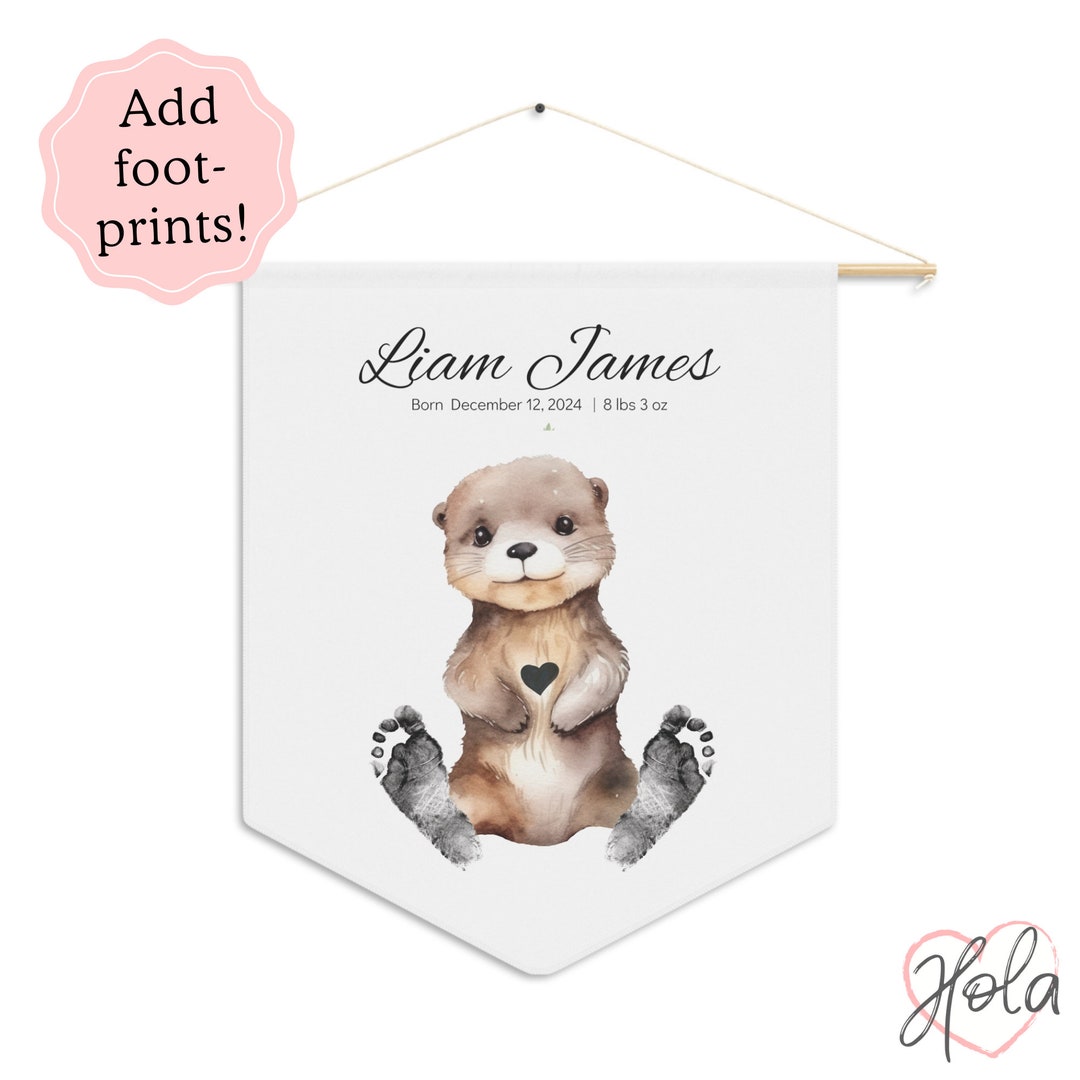 Baby Otter Footprint Art Pennant, Banner With Name and Birth Stats ...