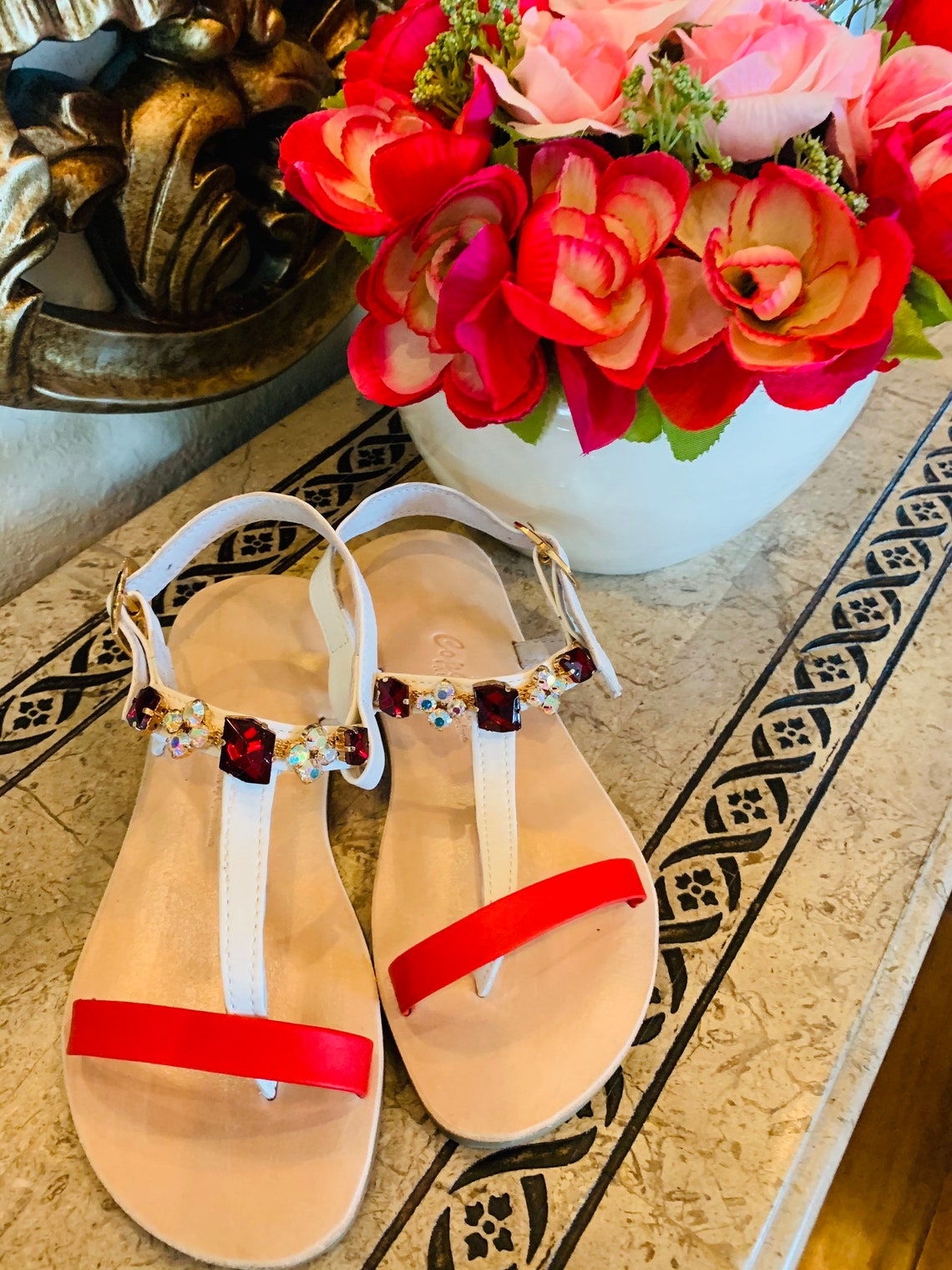 Ruby. jeweled leather heel covered sandals Red Sandals Red | Etsy