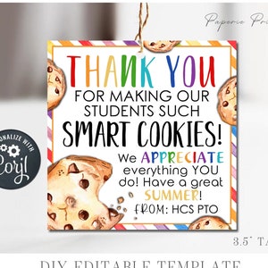 EDITABLE End of School Cookie Teacher Gift Tag, Thank You Teacher ...