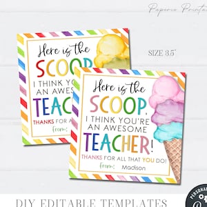 EDITABLE Teacher Appreciation Gift Tag, Here's the Scoop Teacher ...
