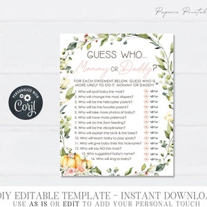 EDITABLE Guess Who Mommy or Daddy Baby Shower Game Boho Pumpkin Guess ...