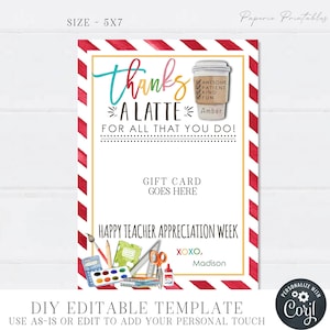 EDITABLE Teacher Appreciation Coffee Gift Card Holder, Thanks a LATTE ...