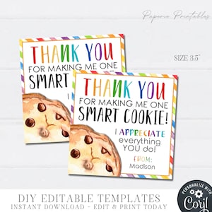 EDITABLE Cookie Teacher Appreciation Gift Tag, One Smart Cookie Teacher ...