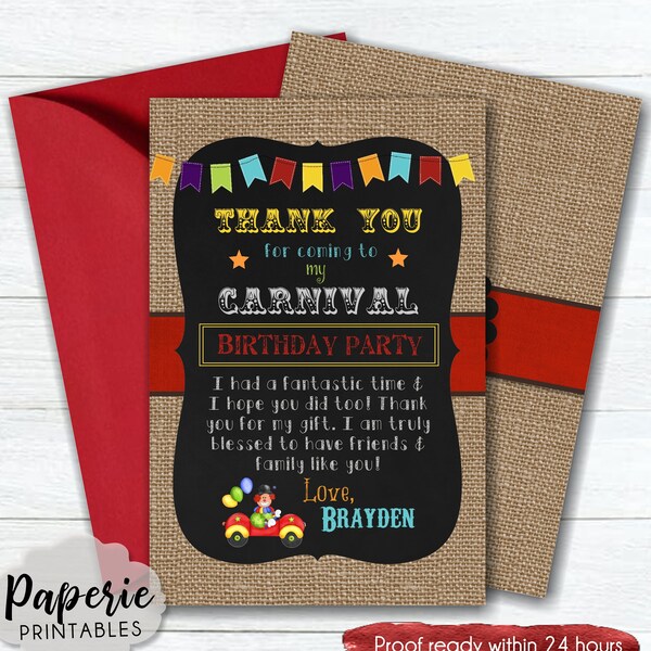 Carnival Birthday Thank You Card - Etsy