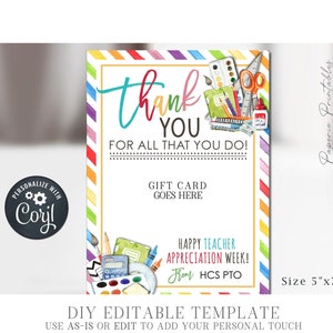 EDITABLE Teacher Appreciation Gift Card Holder, Thank You for ALL That ...