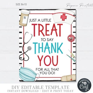 Editable Nurse Appreciation Sign: Thank You Treat, DIY Corjl (digital ...
