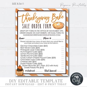 EDITABLE Thanksgiving Bake Sale Order Form, Pie Sale Order Form ...