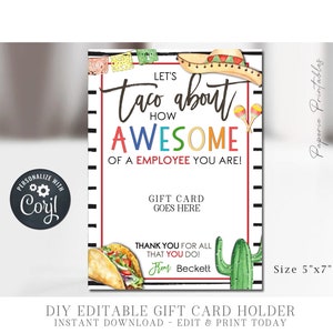 EDITABLE Taco About Employee Appreciation Gift Card Holder, Employee ...