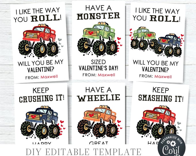 Monster Truck Valentine Cards for Kids Boys Valentines - Etsy