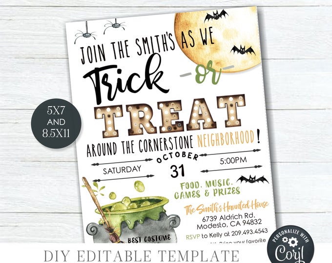 Editable Invitation, Trick or Treat Halloween Party Invitation ...