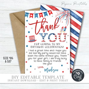 EDITABLE 4th of July Birthday Thank You Card - Patriotic Thank You ...