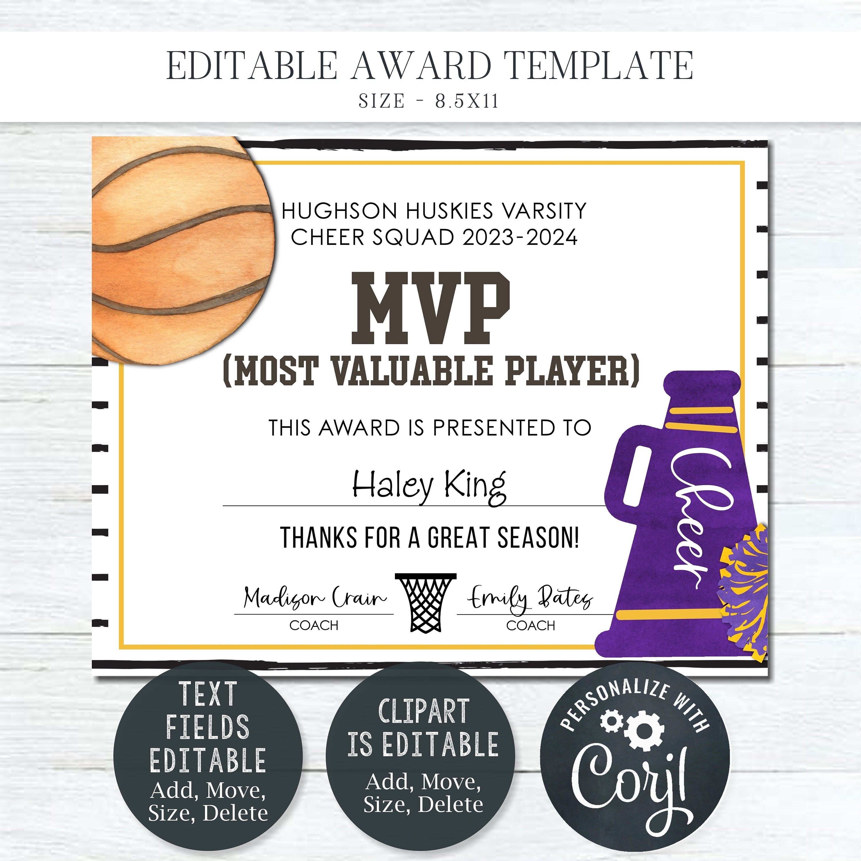 Editable Cheerleading Award Certificate: Purple & Yellow (DIY Corjl ...