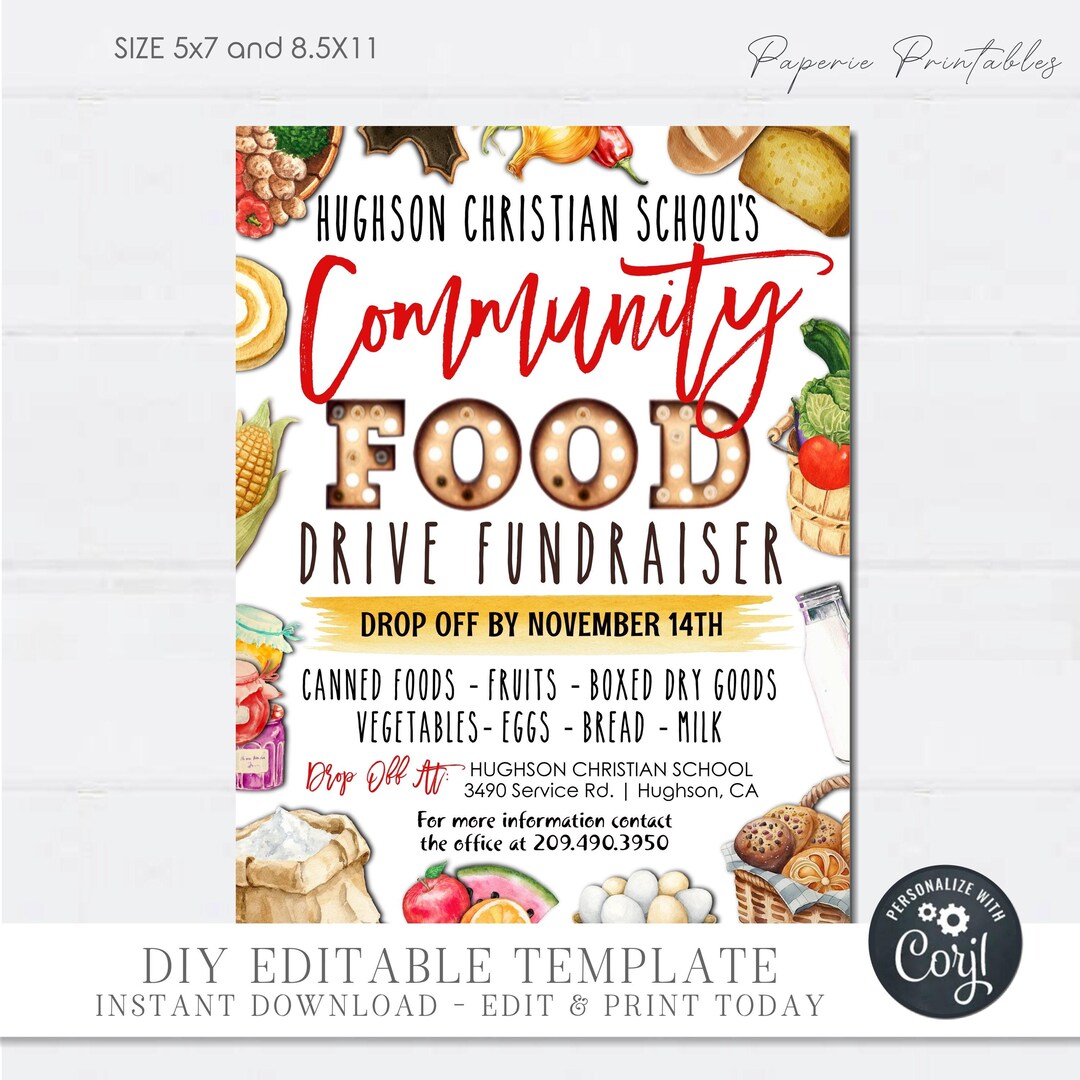 Editable Food Drive Flyer Template: Community Fundraiser (DIY Corjl) # ...