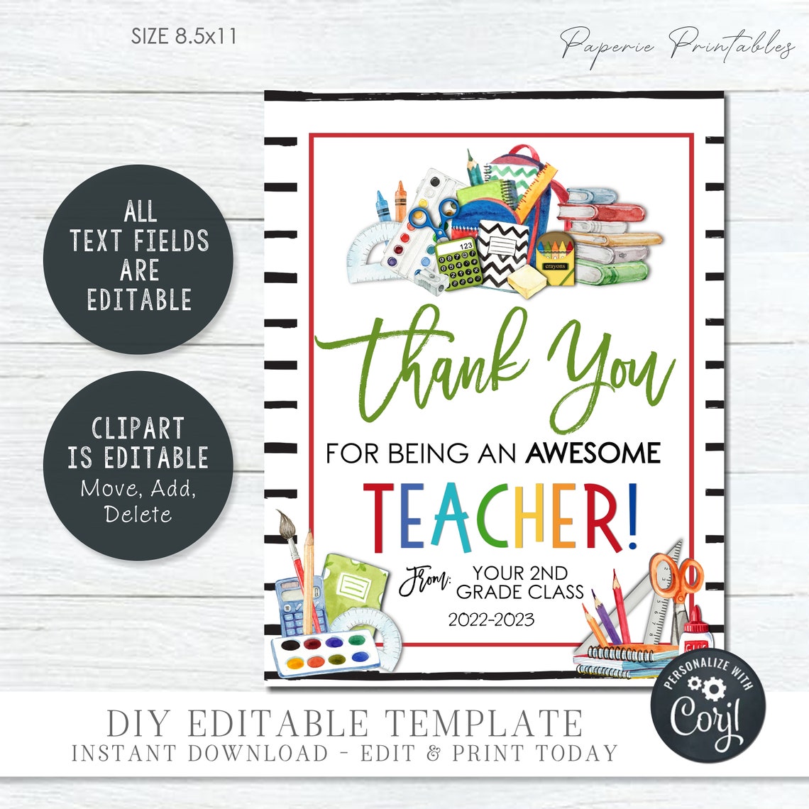 Editable Teacher Appreciation Gift: Thank You Card Printable (DIY Corjl ...