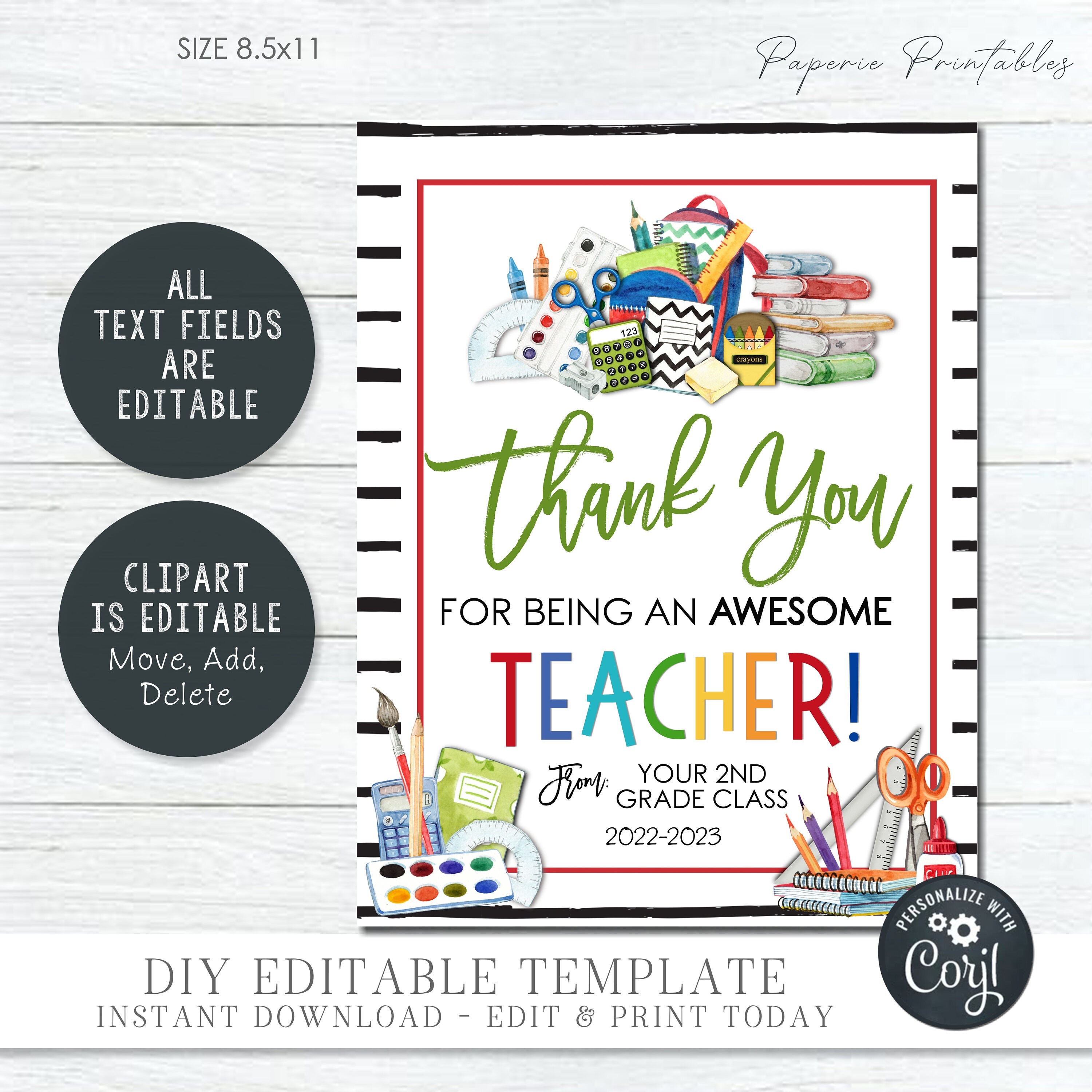 Editable Teacher Appreciation Gift: Thank You Card Printable (DIY Corjl ...