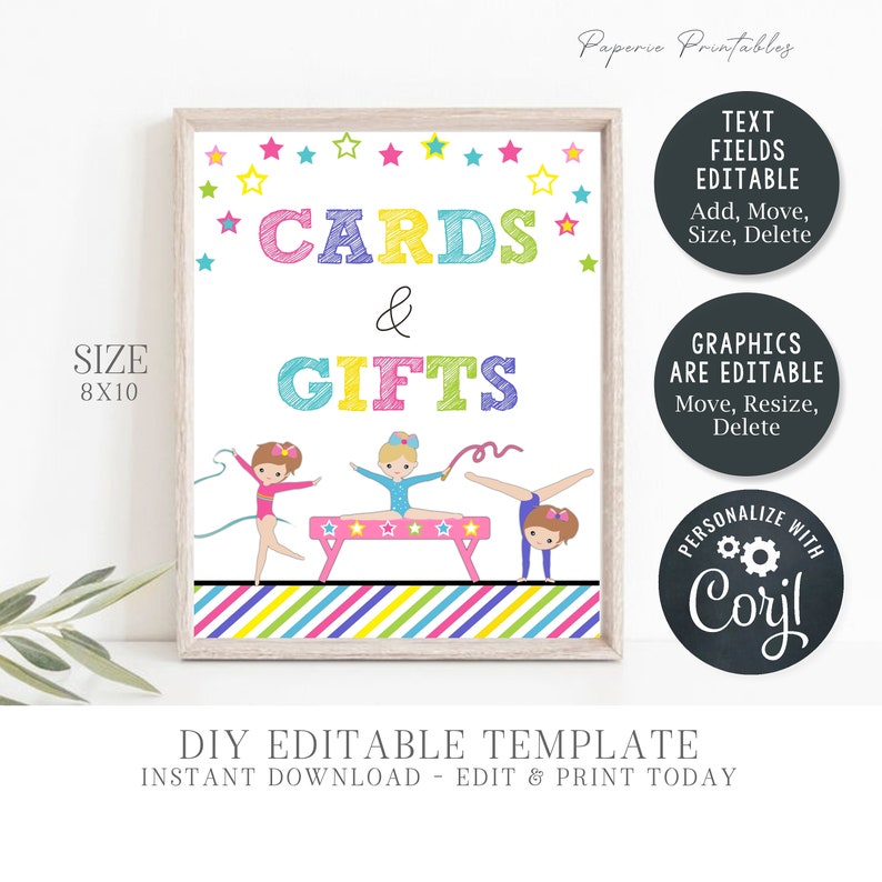 Editable Gymnastics Party Signs: DIY Gifts & Cards Template (digital ...